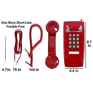Traditional Wall Phones for Landline with Mechanical Ringing, Retro Wall Mounted Phone Waterproof, Classic 2554 Wall Telephone with Voicemail Indicator, Old Wall Mount Phone for Kitchen,Home,Red