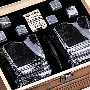 VKDONE Whiskey Glasses Gift Set of 2 Old Fashioned Crystal Square Glass, Whiskey Stone, Tongs, Velvet Pouch and Cutter, Great Gifts for Men, Dad, Husband, Whiskey Lover