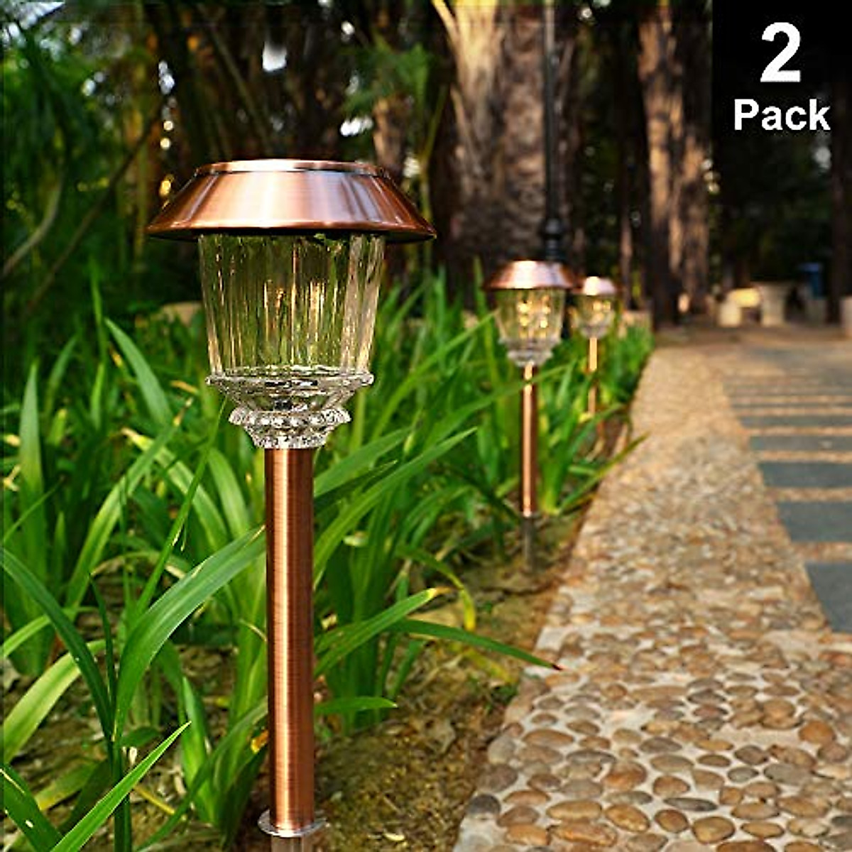 DenicMic Solar Garden Lights Outdoor Pathway Lights Glass Stainless Steel Waterproof Solar Powered Landscape Lights for Yard Patio Lawn Path Walkway, Super Bright 12-40 Lumens, 2 Pack