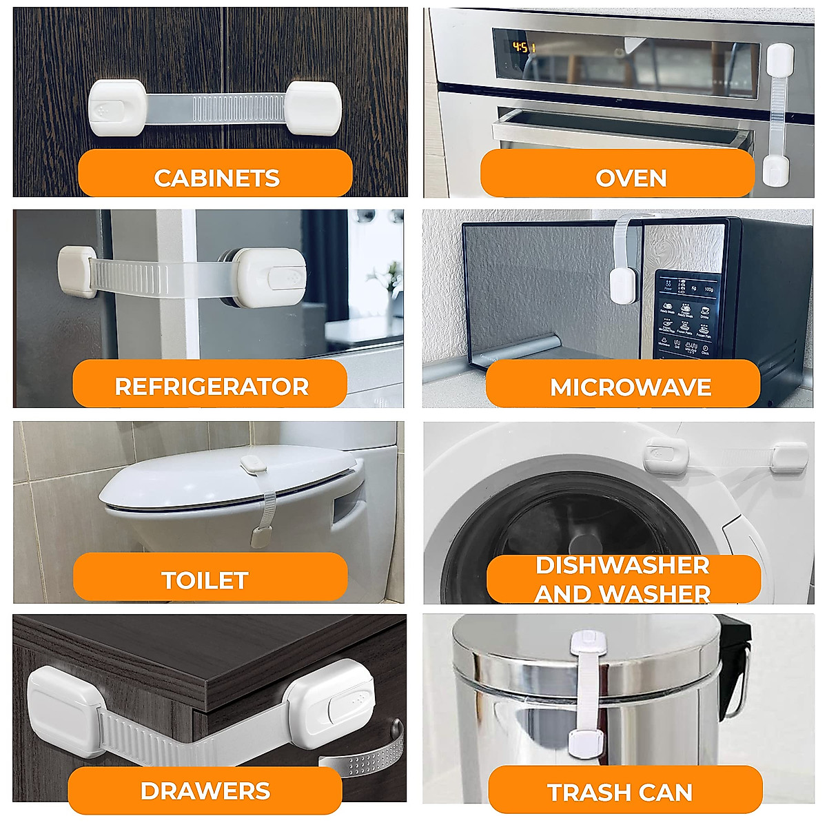 Baby Safety Cabinet Locks (6 Pack + 4 Guards) 3M Adhesive Child Proofing Latches, to Baby Proof Cupboard, Drawers, Fridge, Toilet Seat, Dishwasher, Adjustable Kids Proofing Straps