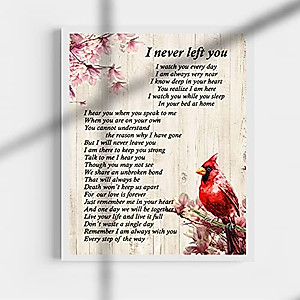 "I Never Left You"-Inspirational Christian Wall Art-11 x 14" Floral Memorial Print w/Red Cardinal Image-Ready to Frame. Home-Office-Spiritual Decor. Great Gift of Remembrance! Printed on Photo Paper.