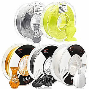 Set of 5 Silk PLA Filament Rolls - More Soft Less Fragile 1.75mm Diameter 2.2 LBS 3D Printing Filament Large Spool for 3D Printers (Black, White, Gold, Silver, Yellow Colors)