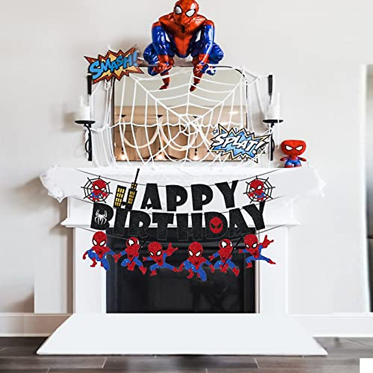 Glittery Spider Hero Birthday Party Banner and Cake Topper Decorations,Red Black Spider Hero Theme Party Decorations Supplies for Kids