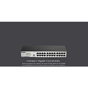 D-Link DGS-1024D, Ethernet Switch, 24 Port Gigabit Unmanaged Fanless Network Hub Desktop or Rack Mountable, Black