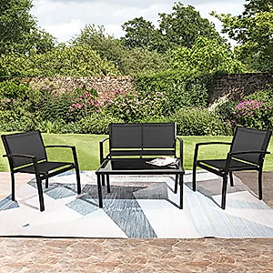 Tuoze 4 Pieces Patio Furniture Set Outdoor Conversation Set with Glass Coffee Table Bistro Set with Loveseat Garden Yard Lawn and Balcony (Black)