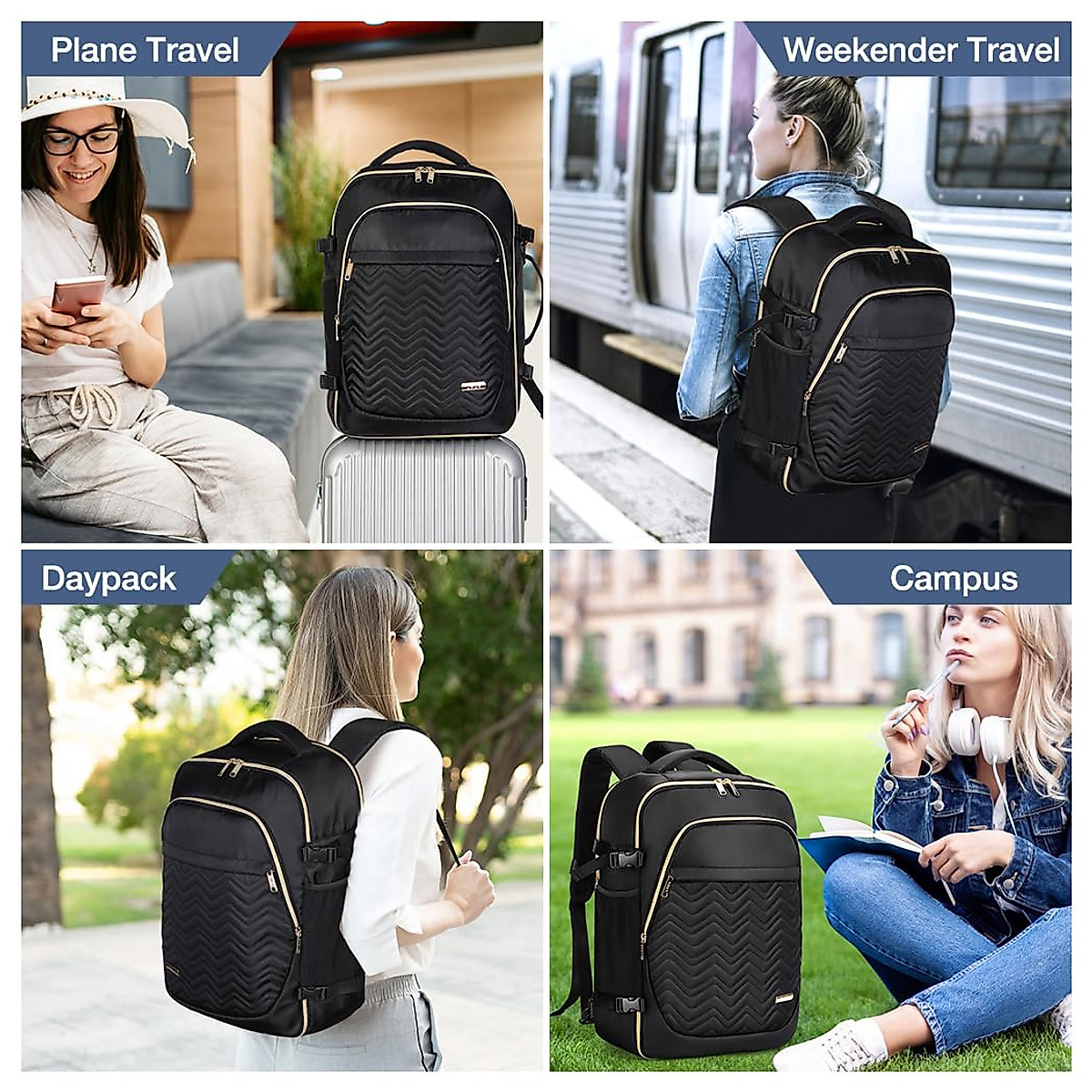 Lekebobor Large Travel Backpack for Women Men Carry on Backpack 17 Inch Flight Approved Luggage backpack Water Resistant Backpack for Weekender Overnight Large Daypack Black