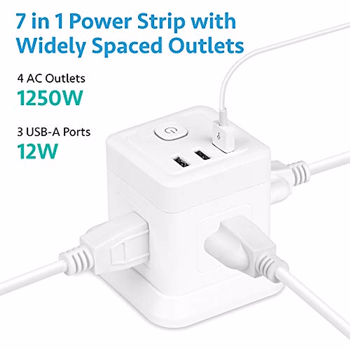 BEVA Power Strip with USB - 5ft Long Extension Cord with 4 Widely Spaced Outlets and 3 USB Ports Cube Desktop Charging Station, Overload Protection, Compact for Travel, Cruise Ship and Dorm