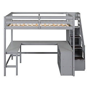 Harper & Bright Designs Full Loft Bed with Desk and Storage Shelves, Wood Full Size Loft Bed with Storage Staircase, High Loft Bed Full with Slat Support for Kids, Boys,Girls,Teens, Adults, Grey