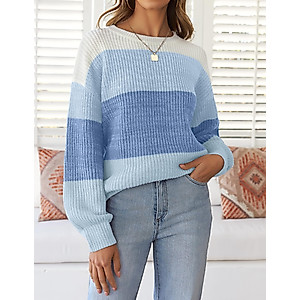 ZESICA Women's Casual Fall Long Sleeve Crew Neck Striped Color Block Loose Fit Soft Knit Oversized Sweaters Pullover Tops,Blue,Large