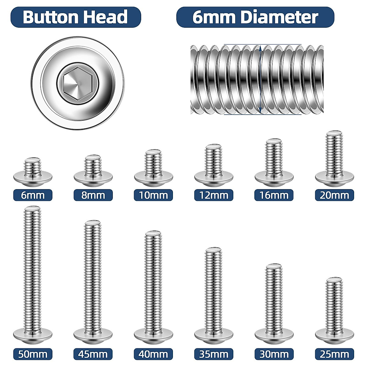 M6-1.0 x 25mm Flanged Button Head Socket Cap Screws, Stainless Steel 18-8 (304), Bright Finish, Full Thread, Allen Socket Drive, 25 PCS