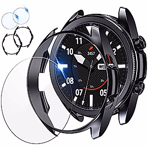 [2+2Pack] Tensea Compatible Samsung Galaxy Watch 3 45mm Screen Protector and Case, 2 Pack Tempered Glass Protective Film and 2 Pack TPU Watch Cover Accessories Set for Galaxy Watch3 45, Titanium, 41mm