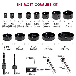 Hole Saw Set, 23Pcs Hole Saw Kit with 13Pcs Saw Blades, General Purpose 3/4" to 5" (19mm-127mm) Hole Saw, Mandrels, Hex Key with Storage Box, Ideal for Soft Wood, PVC Board