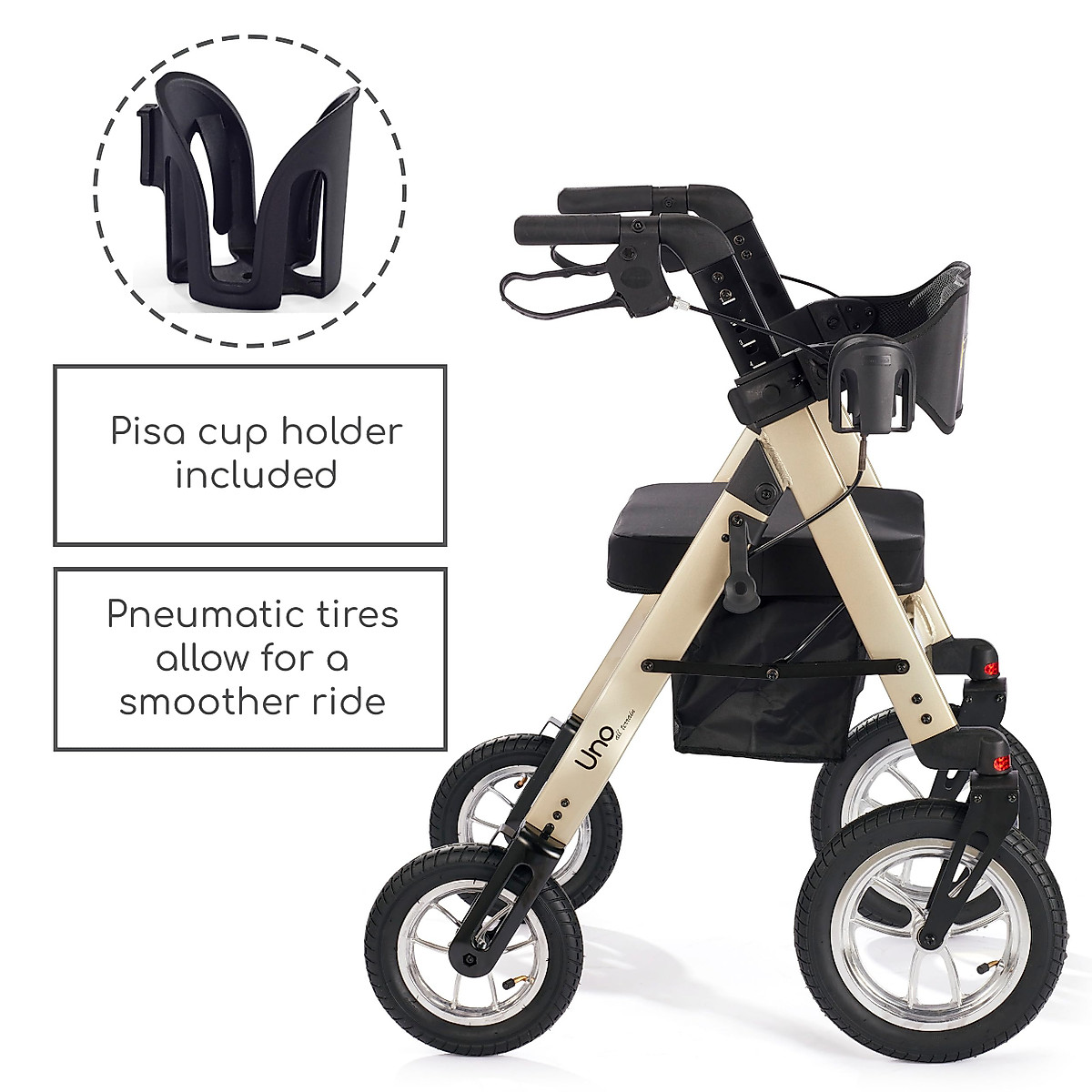 Comodità Uno All Terrain Rolling Walker with Pneumatic Tires, Wheeled Rollator with Orthopedic Extra Wide Seat and Brakes for Adults and Seniors, Easy Folding, 4 Wheel, Modena Red