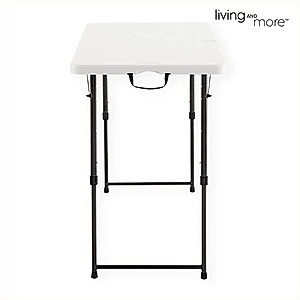Living and More 4 Foot Height Adjustable Fold-in-Half Table with Carrying Handle, Easy Folding and Storage, Indoor Outdoor Use, White