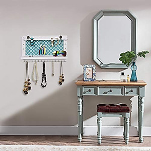 VIEFIN Rustic Jewelry Organizer Wall Mounted Jewelry Holder, Wood Earring Holder Display With Shelf And Hooks, Removable Rod For Bracelet Necklace Ring Bracelet - White