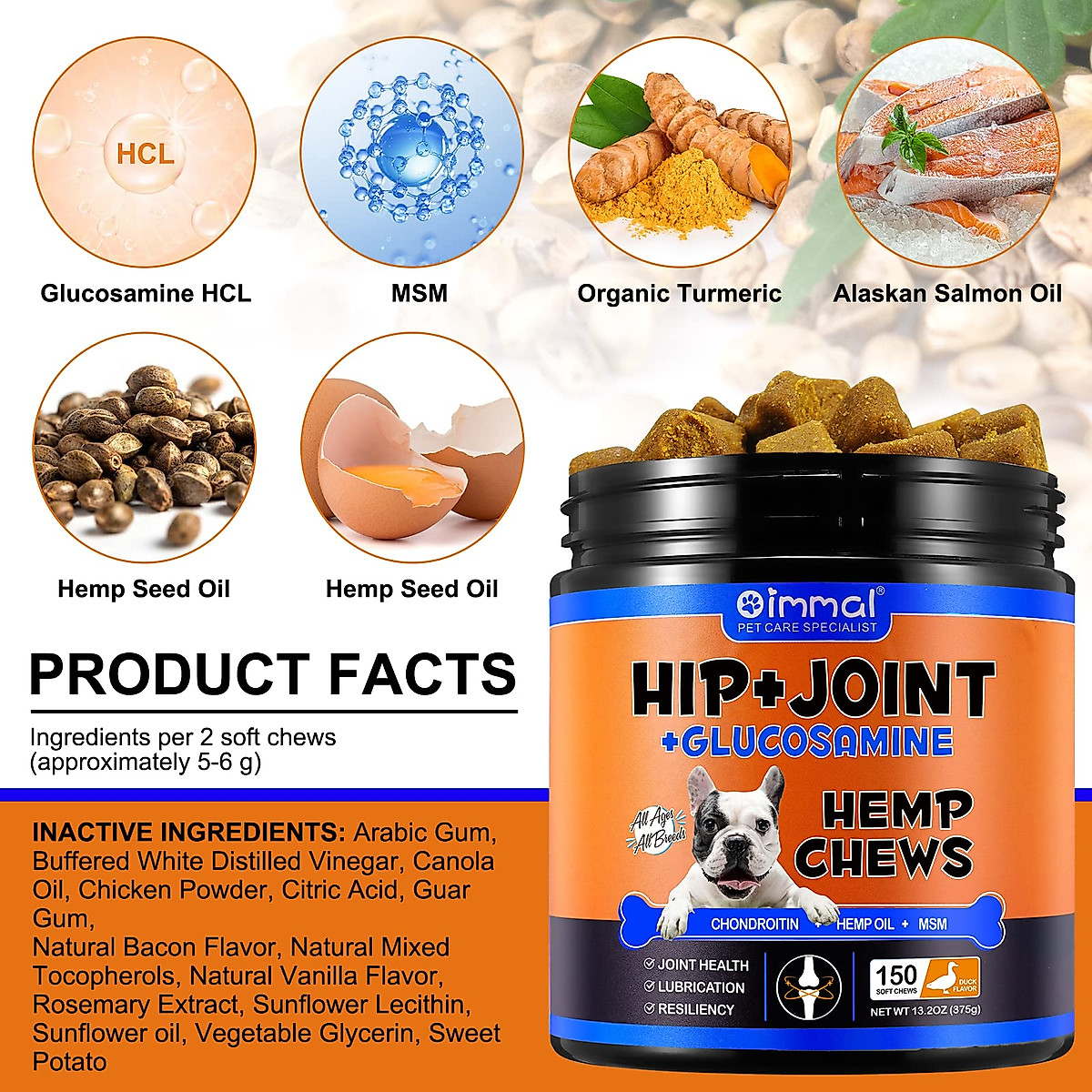 MXCZBSM Hemp Hip and Joint Supplement for Dogs, 150 Dog Joint Pain Relief Treats, Glucosamine for Dogs, Hip & Joint Supplement w/MSM + Chondroitin + Omega 3, Mobility & Flexibility Support