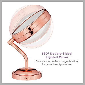 Conair Lighted Makeup-Mirror with Magnification, LED Vanity-Mirror, 1X/5X Magnifying-Mirror, Double Sided-Mirror, Operated in-Battery Rose Gold