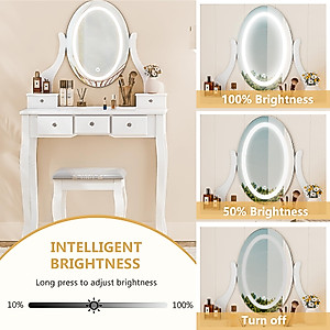 Lumelay Vanity Desk with Mirror and Lights, Makeup Vanity Table and Cushioned Stool Set with 5 Drawers, 3 Color Lighting Modes Brightness Adjustable, Bedroom Dressing Table for Women Girls, White