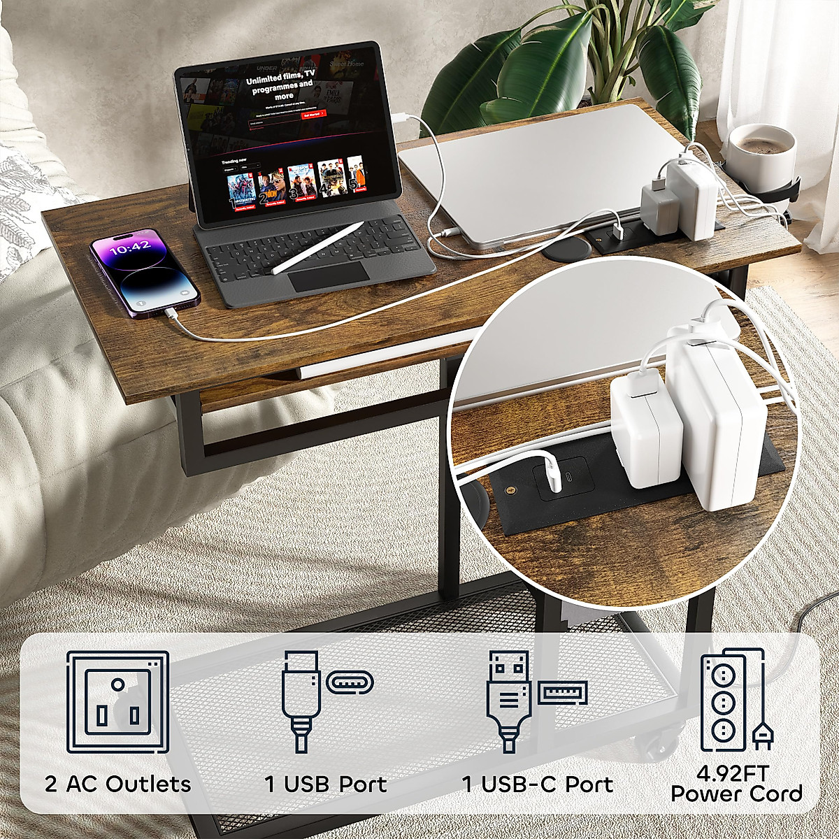 Oransail Height Adjustable C Table with Charging Station, Mobile Laptop C Shaped End Table, Couch Desk with Wheels, Couch Side Table with Storage Drawer for Living Room Bedroom