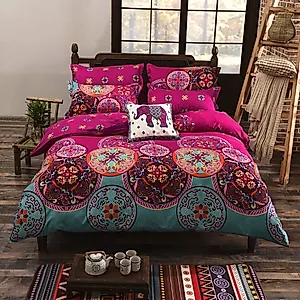 DasyFly 4PCS Bohemian Bedding Lightweight Microfiber Boho Duvet Cover Set Full Queen Size Rose Red Floral Bedding Mandala Duvet Cover with Zipper