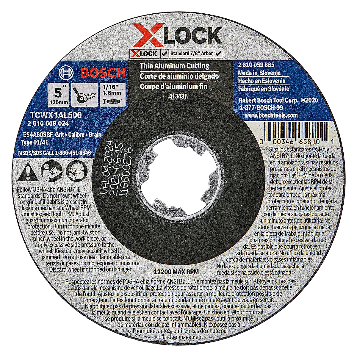 BOSCH TCWX1AL500 5 In. x 1/16 In. X-LOCK Metal Cutting Abrasive Wheel 46 Grit Compatible with 7/8 In. Arbor Type 1A (ISO 41) for Applications in Aluminum Cutting