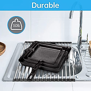 AOUAO Roll Up Dish Drying Rack,Multipurpose Stainless Steel Over The Sink Drainer Rack,Kitchen Portable Dish Rack (Square)