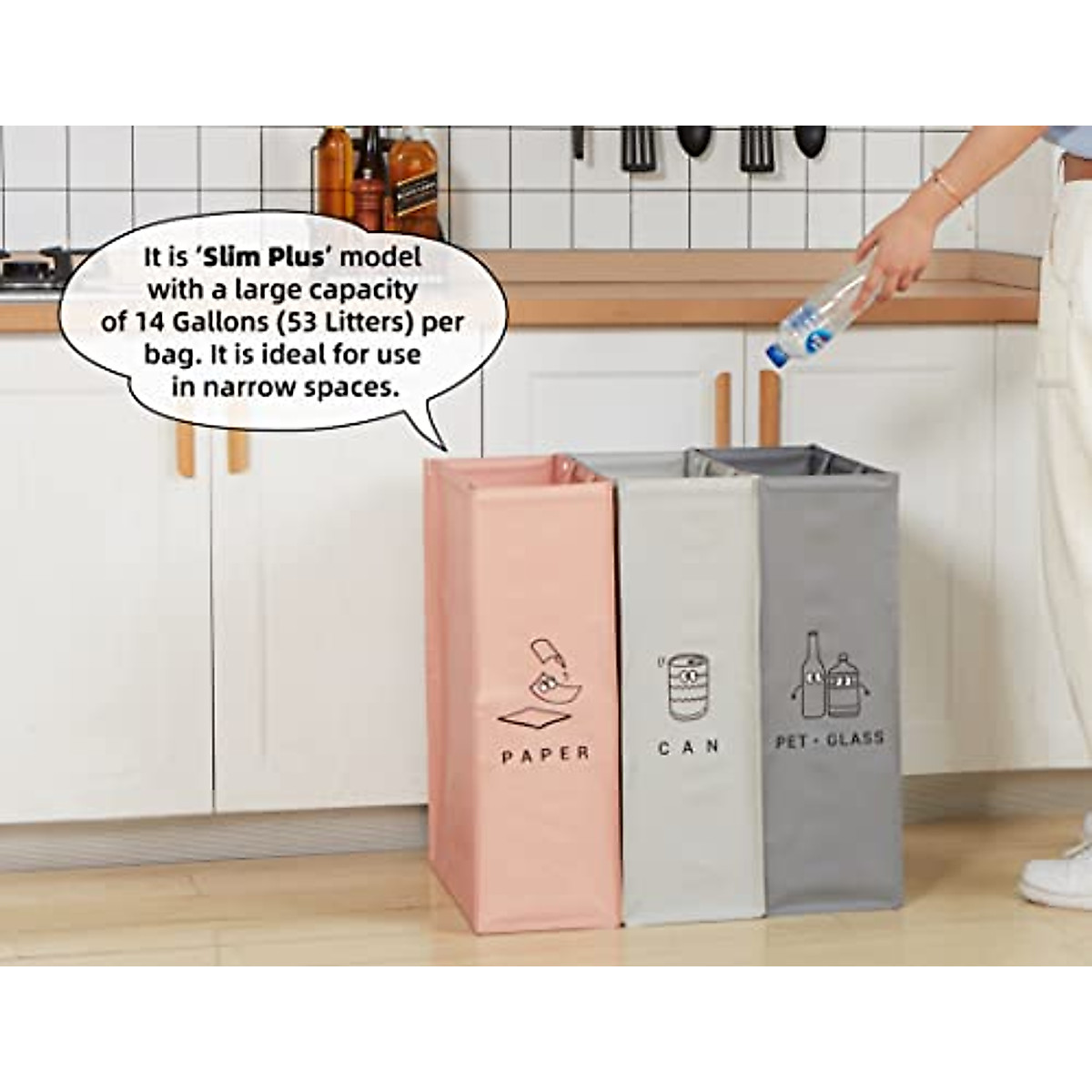 ECOWAN LIVING Recycle Bin, Trash Bin, Recycling Bins for Kitchen Home, Recyclable Waste Trash Sorting Organizer, Reusable Waterproof Compartment Container, Pack of 3 Bags