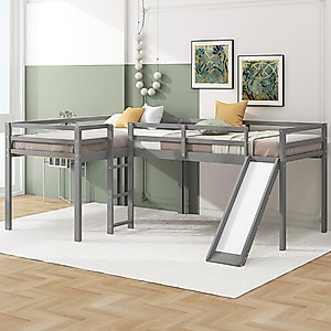 RUNWON Twin Size L-Shaped Loft Bed with Ladder and Slide for 2 Kids Teens