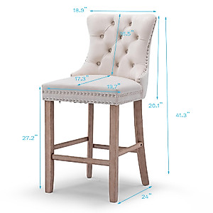 JETEAGO Bar Stools Set of 4, Velvet Upholstered Bar Stool for Kitchen Island, Counter Stools with Nailhead Trim, Beige