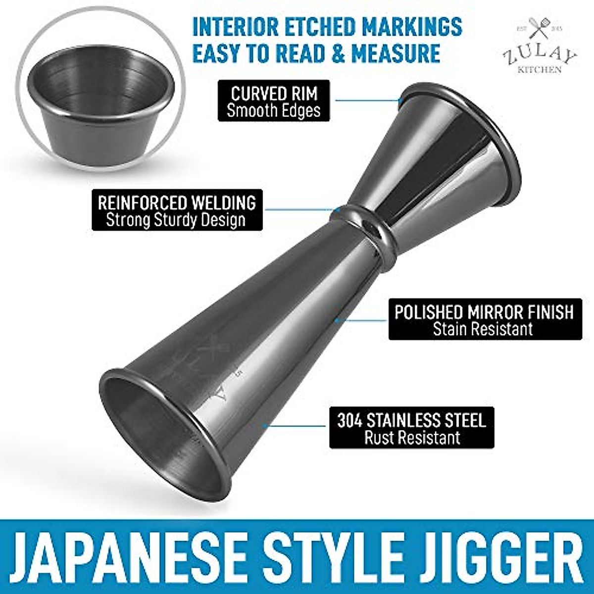 Zulay Kitchen Shot Measure Jigger For Bartending - Cocktail Jigger 18/8 Food-Grade Stainless Steel - Jigger 2 oz 1 oz Etched Markings - Cocktail Measuring Cup Japanese Jigger - Double Jigger (Black)