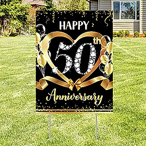 50th Anniversary Yard Sign Decoration Outdoor Gold 50th Wedding Anniversary Lawn Sign with Stakes for Happy 50th Year Party Supplies