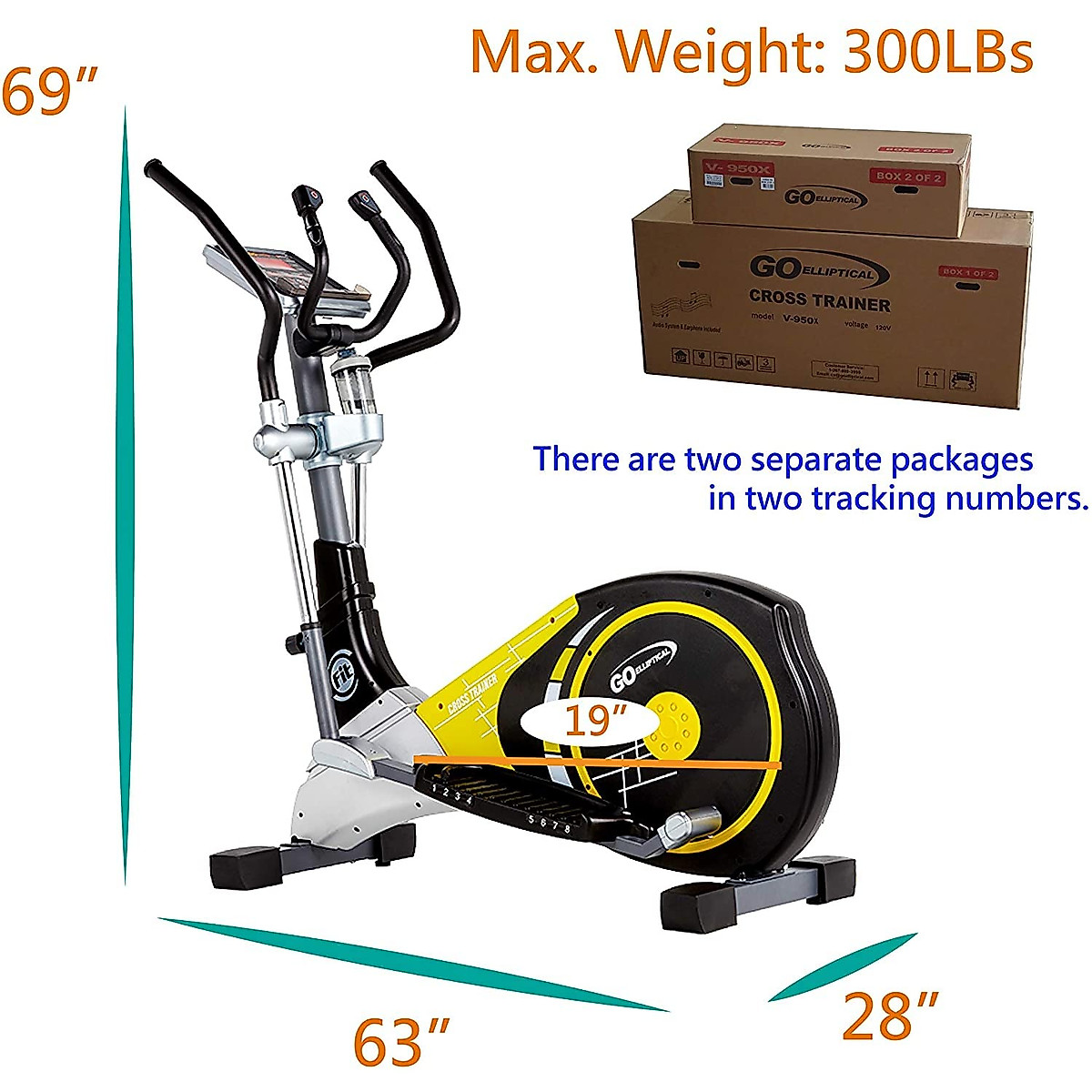 V-950X Extra Length Motorized 19" Stride Programmable Elliptical Cross Trainer - Cardio Fitness Strength Conditioning Workout for home use or gym (V-950X, Black/Yellow)