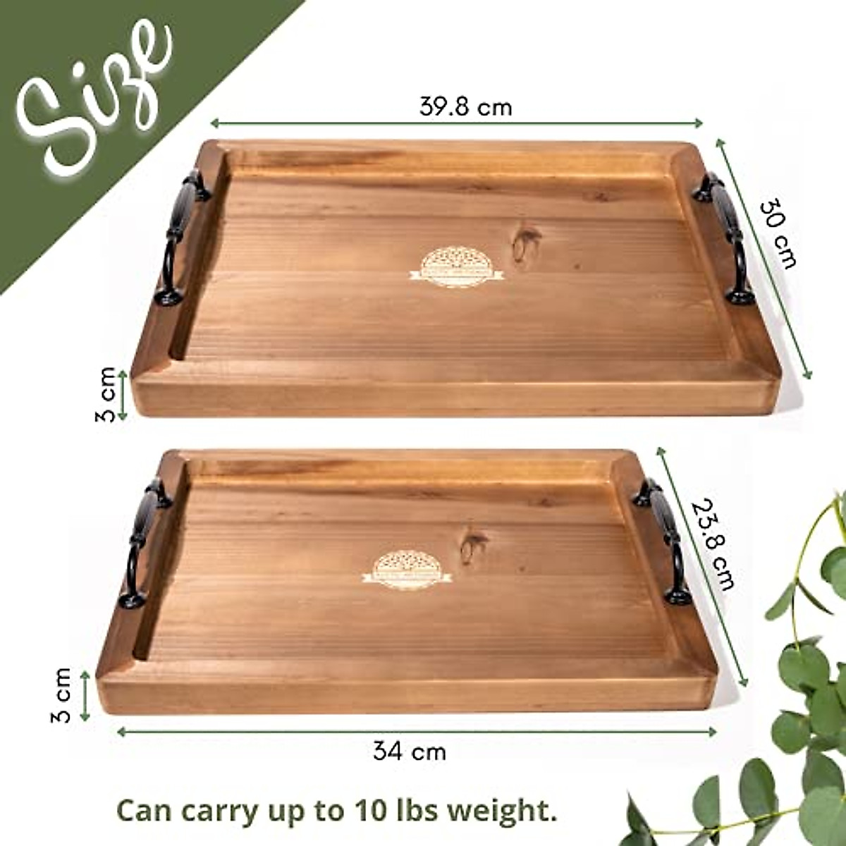 2 Pack Wooden Rustic Serving Tray with Handle for Coffee Bar, Living Room and Patio - Stackable Trays lend Rustic or Farmhouse Feels to Your Home