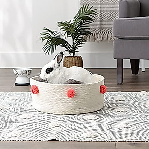 Bone Dry Pet Storage Collection Decorative Cotton Rope Basket/Bed, 15.75x6.25, White/Pink Pom Poms