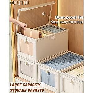 OUUJIIU Large Storage Baskets for Shelves | Sturdy Fabric Closet Storage Bins for Organizing with Clear Window| 17"x10"x8" Collapsible Home Organization with Lid, Beige, 3-Pack