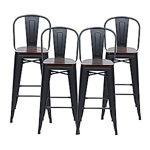 HAOBO Home 24" High Back Barstools Metal Stool with Wooden Seat [Set of 4] Counter Height Bar Stools, Matte Black