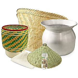 PANWA Combo Sticky Rice Cooking Set Aluminum Cook Pot Standard Diameter (22 cm) with Sticky Rice Cooking Basket and 24’’ Cheesecloth Filter Wicker Lid and Kratip Container Multicolor 5.5 In