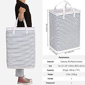 Hinwo 4-Pack 70L Extra Large Canvas Fabric Storage Bins with 77L Laundry Hamper, Navy Stripe