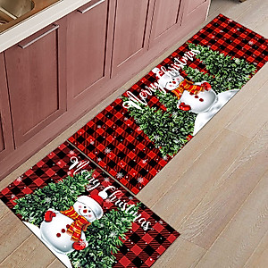 2 Piece Snowman Kitchen Rug Set Merry Christmas Indoor Floor Mats for Winter, Xmas Door Mat Runner Rug Carpet Mat for Kitchen Home Decor (15.7" x 23.6"+15.7" x 47.2") - Red Black Buffalo Check Plaid