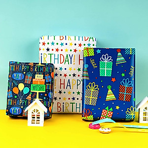 MAYPLUSS Birthday Wrapping Paper Roll - Mini Roll - 17 inch X 120 inch Per roll - Blue Gifts Design (42.3 sq.ft.ttl)
