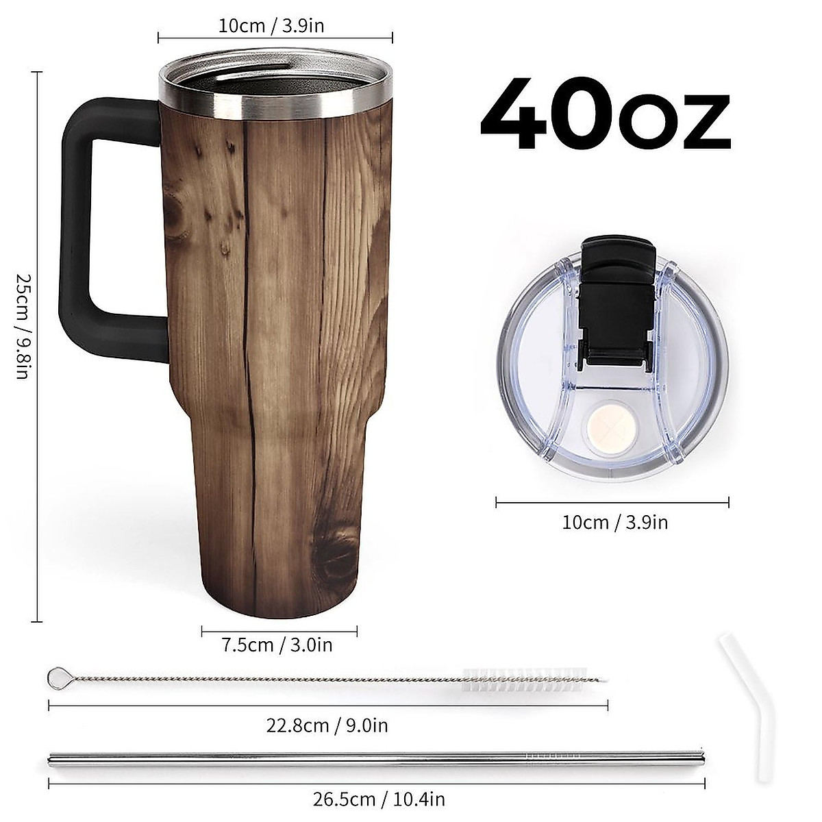 WYUSPGK 40oz Stainless Steel Car Mug, Wood Grain Print Travel Mug, Double-Wall Insulated with Straw, Perfect for Car, Office, Outdoor