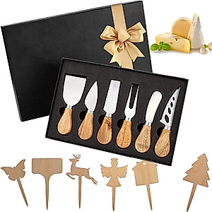 BUVLIVU Exquisite 6-Piece Cheese Knife Set- Stainless Steel Cheese Knife Set for Charcuterie Board (Wood Handle) with Gift Box, Cheese Spreader Knife Set, Charcuterie Utensils(Gift-Ready)