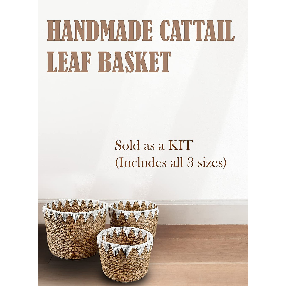 Serene Spaces Living Handmade Cattail Leaf Basket - Natural, Eco-Friendly & Durable - Perfect for Decoration, Storage, Potted Plant Cover/Cachepot or Gifting - KIT of 3 (Each in 3 Different Sizes)