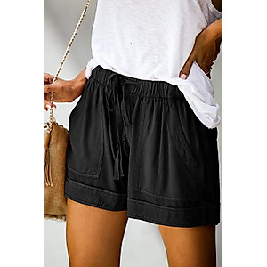QACOHU Womens Casual Drawstring Elastic Waist Comfy Cotton Linen Shorts Black L Ladies Shorts Sets Outfits Casual