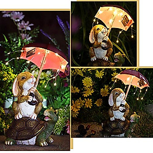 GIGALUMI Solar Garden Statue Outdoor Decor, Rabbit Siting on Turtle Holding an Umbrella with String Lights, Easter Bunny Statue for Patio, Lawn, Yard Art Decoration, Housewarming Garden Gift
