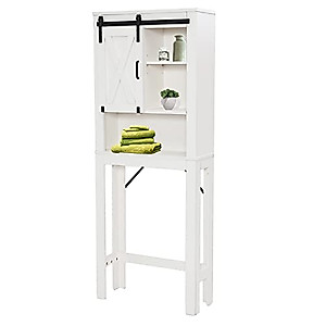Farmhouse Over The Toilet Storage, Freestanding Over Toilet Bathroom Organizer with Sliding Barn Door, Space Saver Toilet Stands for Bathroom, 68 Inch, White