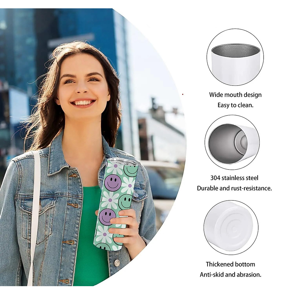 Retro Daisy Smile Face Seamless 20oz Tumbler With Lid Reusable Stainless Steel Water Bottle for Hot & Cold Drinks Tea Cup Iced Coffee Travel Mug Birthday Gifts for Women (Pack of 1)