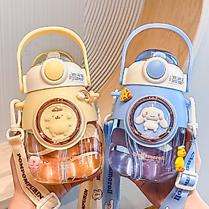 28 oz Kawaii Water Bottle for Girls, Cute Water Bottles with Straw and Shoulder Strap, Large Capacity Portable Summer Leak Proof Water Bottle for Kids,820ML (Blue)