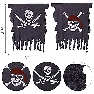 2 Pieces Halloween Pirate Flag 3 x 2.5 Feet Jolly Roger Flag Weathered Pirate Flag Retro Pirate Creepy Ragged Flag Skull Bones Pirate Banner for Halloween Decorations, Pirate Party, Kids Room Decor
