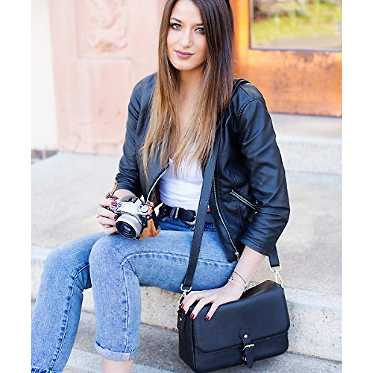 Meliaebag Mirrorless Camera Purse for Women, Stylish Genuine Leather Camera Bag Crossbody Shoulder Messenger Case for Travel, Fits Canon Nikon Sony Olympus mirrorless or Digital SLR Camera (Black)